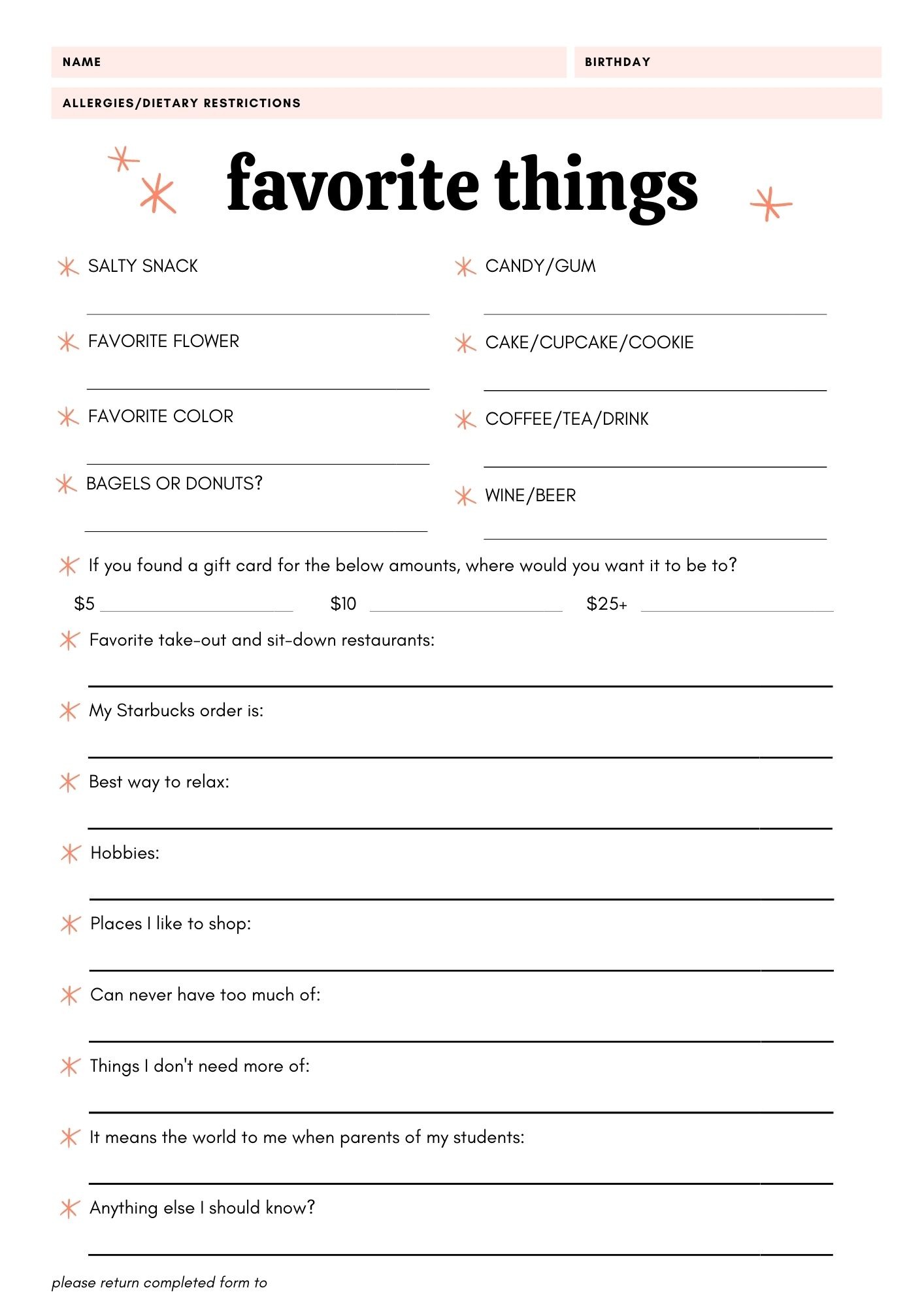 Questionnaire Favorite Things List Printable Questionnaire Favorite Things List Printable